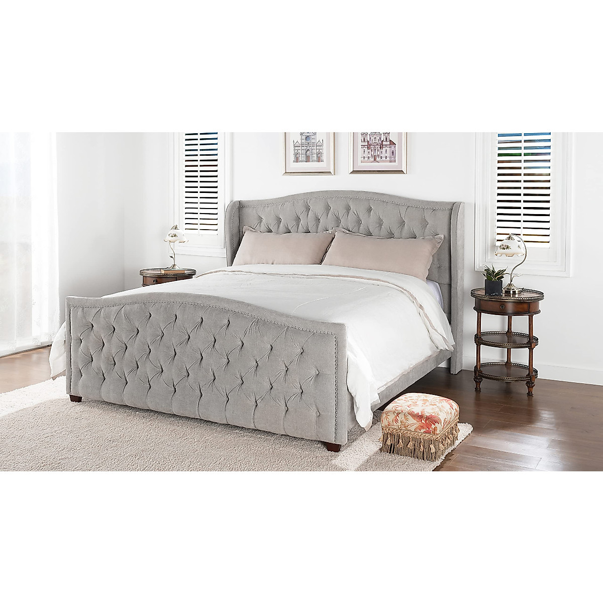 Jennifer Taylor Home Marcella Upholstered Shelter Headboard Bed Set, California King, Silver Grey Polyester