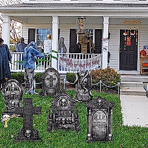 Halloween Decorations Outdoor Graveyard Tombstones: 6ct Large Tombstones Halloween Decor Yard Signs with Stakes, 16" Tall Realistic Scary Skeleton RIP Gravestones Yard Lawn Outside for Kids Home Party