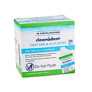 Dr. B Dental Solutions Cleanadent Dental Wipes, Denture Cleaner Removes Adhesives, Food, Stains, and Odor 30 Count Pack of 2