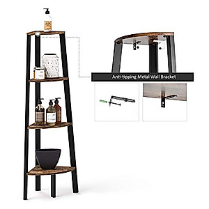Ballucci Modern Corner Ladder Shelf, 4-Tier Corner Bookshelf Storage Rack & Plant Stand, Wood with Metal Frame - Rustic Brown