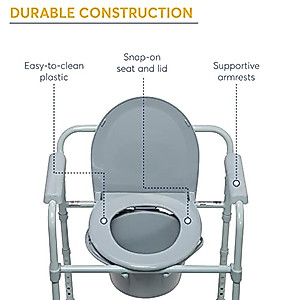 Drive Medical 11148-1 Folding Steel Bedside Commode Chair, Portable Toilet, Supports Bariatric Individuals Weighing Up To 350 Lbs, with 7.5 Qt. Bucket and 13.5 Inch Seat, Grey