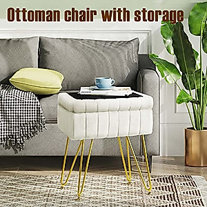 Greenstell Vanity Stool Chair Faux Fur with Storage, 15.7"L x 11.8"W x 19.4"H Soft Ottoman 4 Metal Legs with Anti-Slip Feet, Furry Padded Seat, Modern Multifunctional Chairs for Makeup, Bedroom White