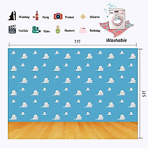 Cartoon Blue Sky and White Clouds Backdrop Wood Floor Backdrop 7x5ft Polyester Kids Birthday Party Boy Baby Shower Photo Background Dessert Table Banner Photo Studio Photography Props YL027