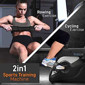 SereneLife 2-in-1 Rowing Machine & Bike - 8 Magnetic Resistance Levels, 264lbs Capacity - Foldable & Portable Cardio Fitness Trainer with LCD Monitor - Promotes Weight Loss, Strength, Stamina Building