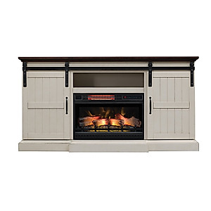 ClassicFlame Hogan 66" Farmhouse Fireplace TV Stand & 26" Electric Infrared Firebox with Log Set - Weathered White, 26MM90273-W476 & 26II042FGL