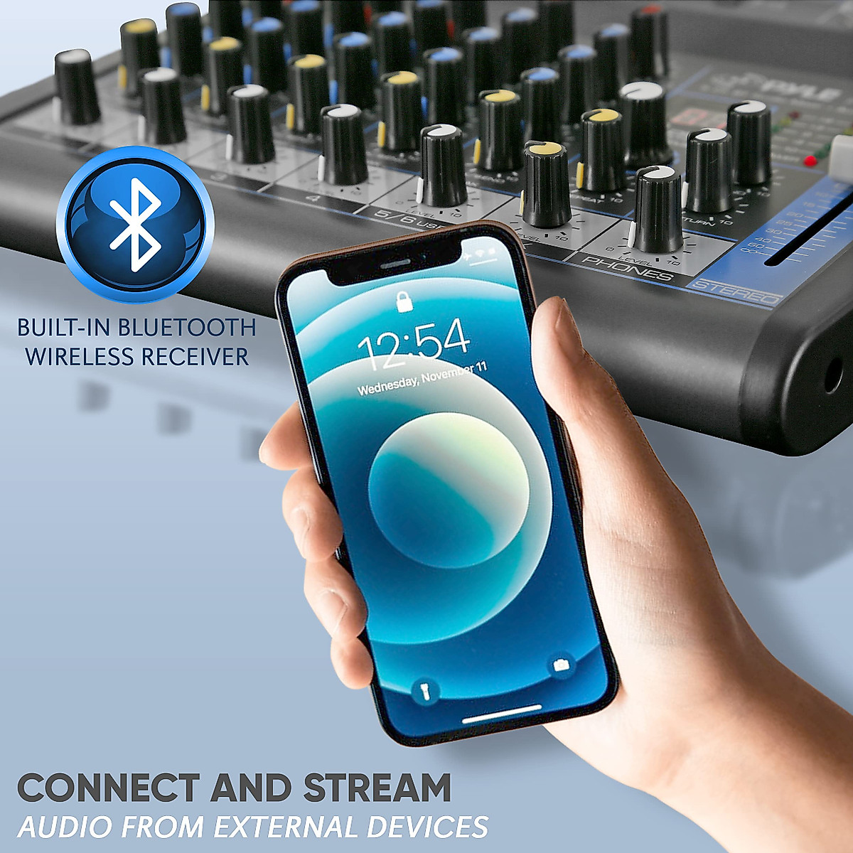 Pyle Professional Audio Mixer Sound Board Console - Desk System Interface with 6 Channel, USB, Bluetooth, Digital MP3 Computer Input, 48V Phantom Power, FX16 Bit DSP- PMXU63BT , Black