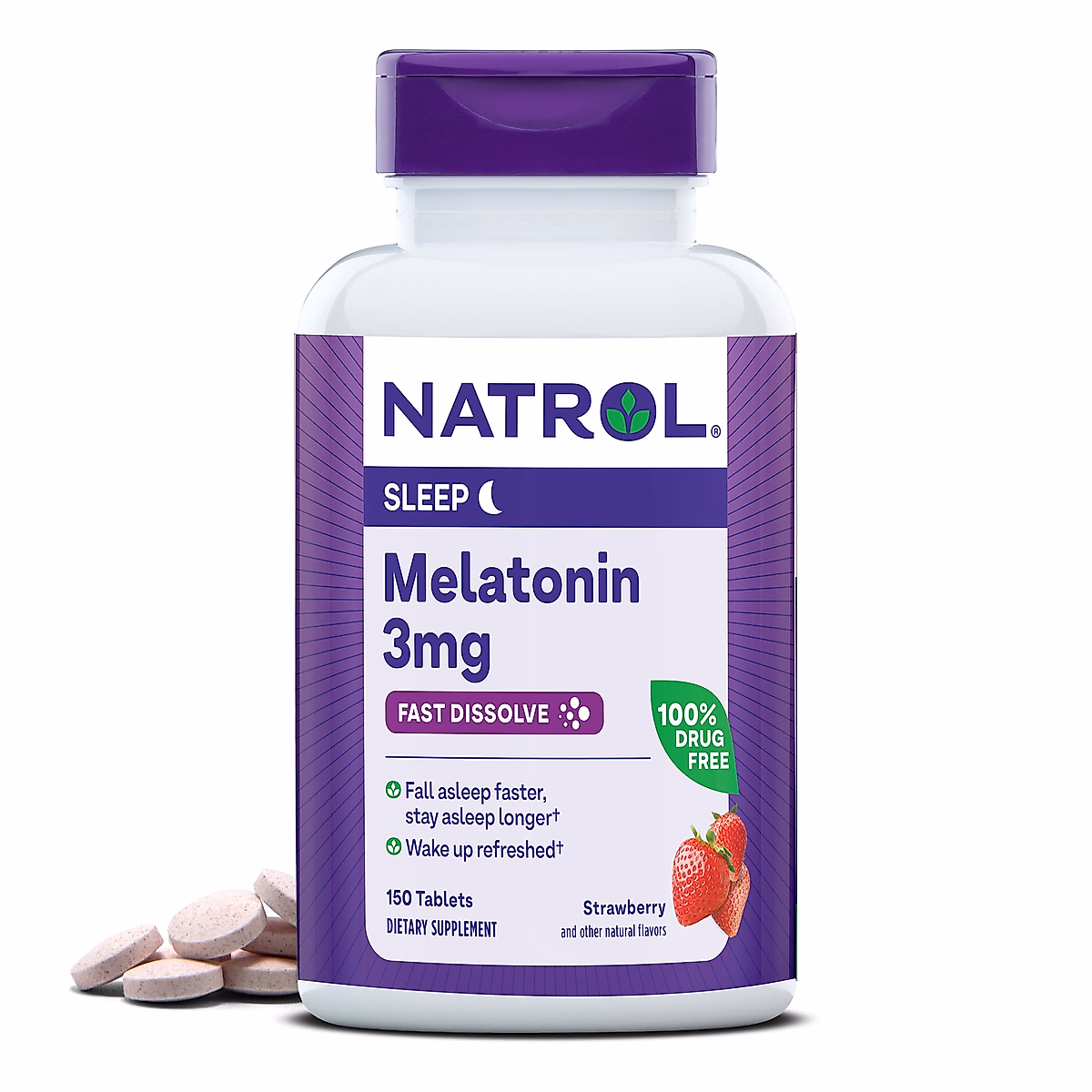 Natrol Fast Dissolve Melatonin 3 mg, Melatonin Supplements for Restful Sleep, Sleep Support for Adults, 150 Strawberry-Flavored Tablets, Up to a 150 Day Supply