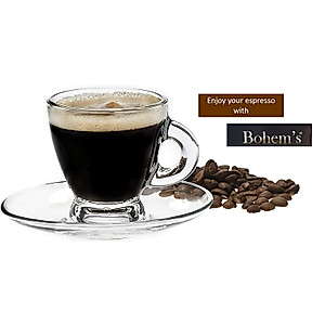 BOHEM'S Espresso Cups, 3.2 oz Small Demitasse Clear Glass Espresso Drinkware, Set Of Cups, Saucers and Stainless Steel mini Spoons + Free Glass Spoons (set of 4)