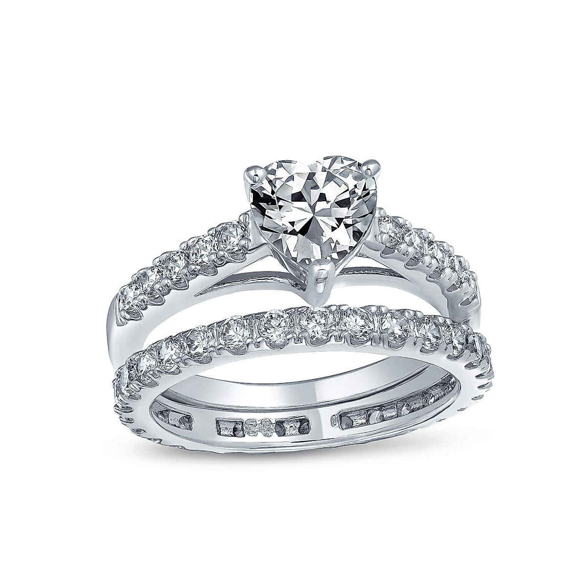 Personalized 1CT Cubic Zirconia AAA CZ Romantic Heart Shaped Anniversary Wedding Engagement Ring Pave Band Set For Women .925 Sterling Silver Customizable