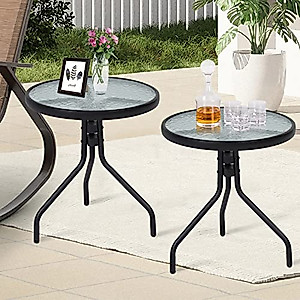 Kinsunny Round Bistro Coffee Table Set of 2, Patio Side Table Tempered Glass Top Metal End Table with Legs, for Outdoor Garden Backyard Lawn Poolside