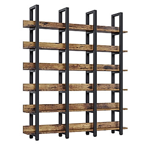 oneinmil 71" Tall Triple Wide 6 Tier Bookshelf, Industrial Style Bookcases, Open Display Shelves, Modern Tall Bookcase Furniture for Bedroom, Living Room and Home Office, Brown