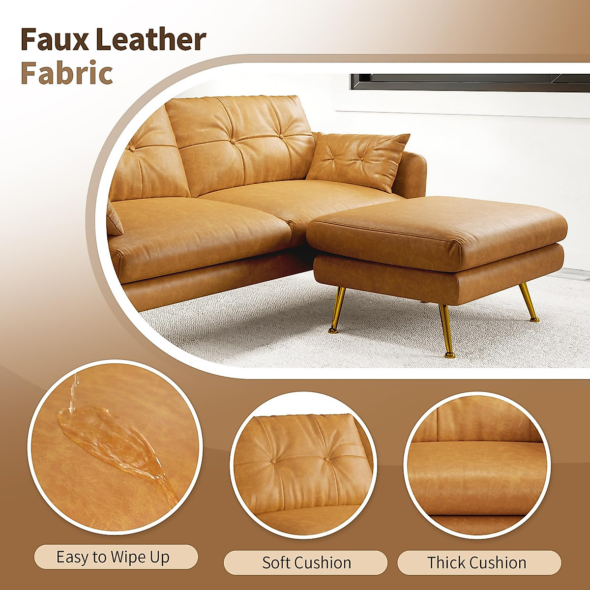 82" Faux Leather Couch, Mid Century Upholstered 3 Seater Sofa Comfy Couch for Living Room Bedroom, Luxury Tan Brown Leather Couch with Solid Wood Frame and Metal Legs | Filled with Down and Cotton