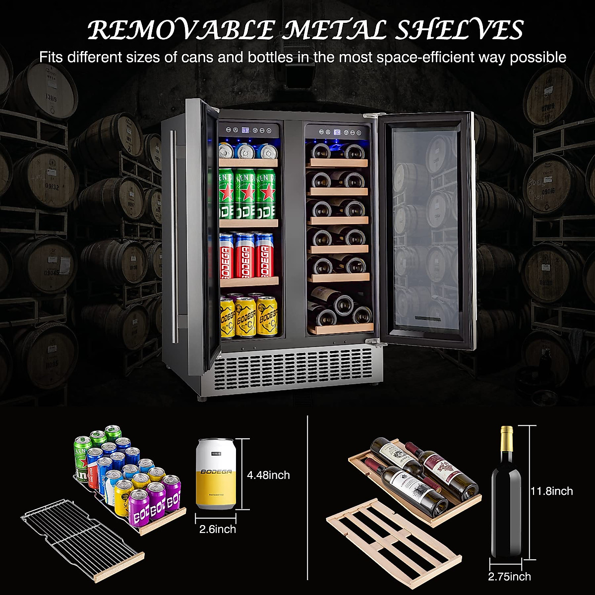 BODEGA 24 Inch Beverage and Wine Cooler, Built-in and Freestanding Wine Beverage Refrigerator Dual Zone, Holds 57 Cans and 18 Bottles, with Independent Temperature Control,Upgraded Compressor Quiet