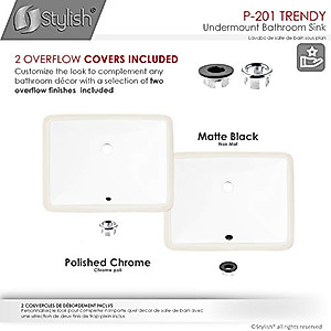 STYLISH 18 1/4 inch Ceramic Porcelain Rectangular Undermount Bathroom Sink with Polished Chrome and Matte Black Overflow, P-201 (White with Chrome and Matte Black Overflow)