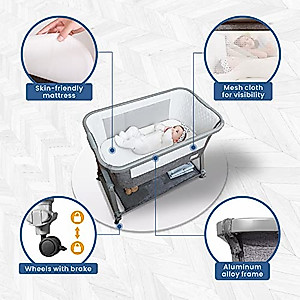 Baby Bassinet Bedside Sleeper for Baby, Foldable Bedside Crib, Li’l Pengyu Free-Installation Foldable Bedside Co-Sleeper with Rocking Cradle Mode, Come with Comfy Mattress& Portable Bag