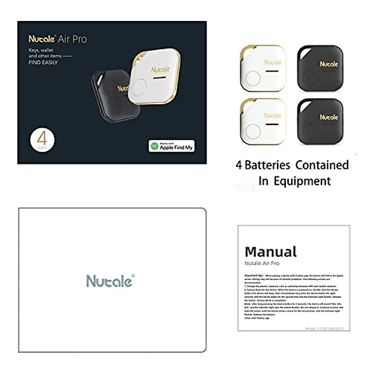 Nutale AirPro Key Finder Tag (iOS Only), Bluetooth Tracker Item Locator with Key Chain for Keys Pet Wallets or Backpacks and Tablets Batteries Include Compatible with FindMy APP (White&Black, 4 Pack)