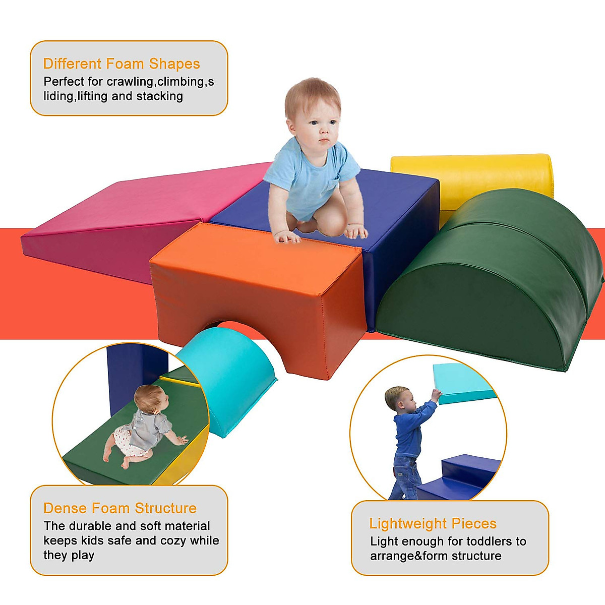 Crawl and Climb Foam Play Set, Colorful Fun Foam Play Set, 6 Piece Lightweight Interactive Set, Children’s Software Composite Toy for Indoor Active Play, Crawling, Climbing, Sliding (6PCS-COLORFUL)