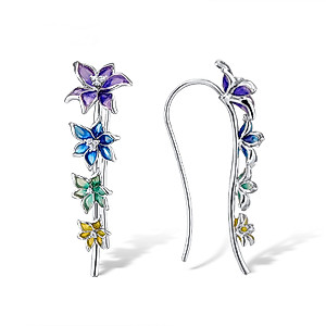 Santuzza Enamel Colorful Flower Ear Cuffs Climber Earrings 925 Sterling Silver Orchid Ear Crawler Earrings for Women