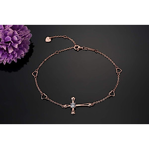 Cross Ankle Bracelet For Women, 925 Sterling Silver Charm Adjustable Foot Anklet, Large Cross Bracelet (Rose Gold One Cubic Zirconia Cross)