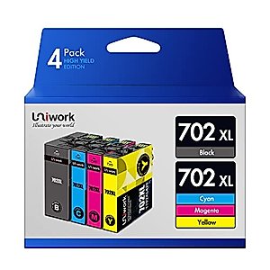702XL 702 XL 702 Ink Cartridges - Uniwork Remanufactured Ink High Yield Replacement for Epson 702XL 702 702 XL T702XL use with Pro WF-3720 WF-3730 WF-3733 Printer (1 Black 1 Cyan 1 Magenta 1 Yellow)