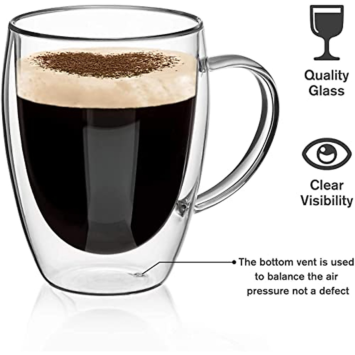 Double Walled Glass Coffee Mugs Glass Mug With Handles Double Wall Cappuccino Cups, 12oz Of Set 2 Coffee tea Mugs, Clear Glasses With Handle