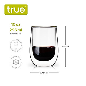 True Insulated Wine Glasses - Double Walled Stemless Wine Glass Set - Dishwasher Safe Borosilicate Glass 10oz Set of 2