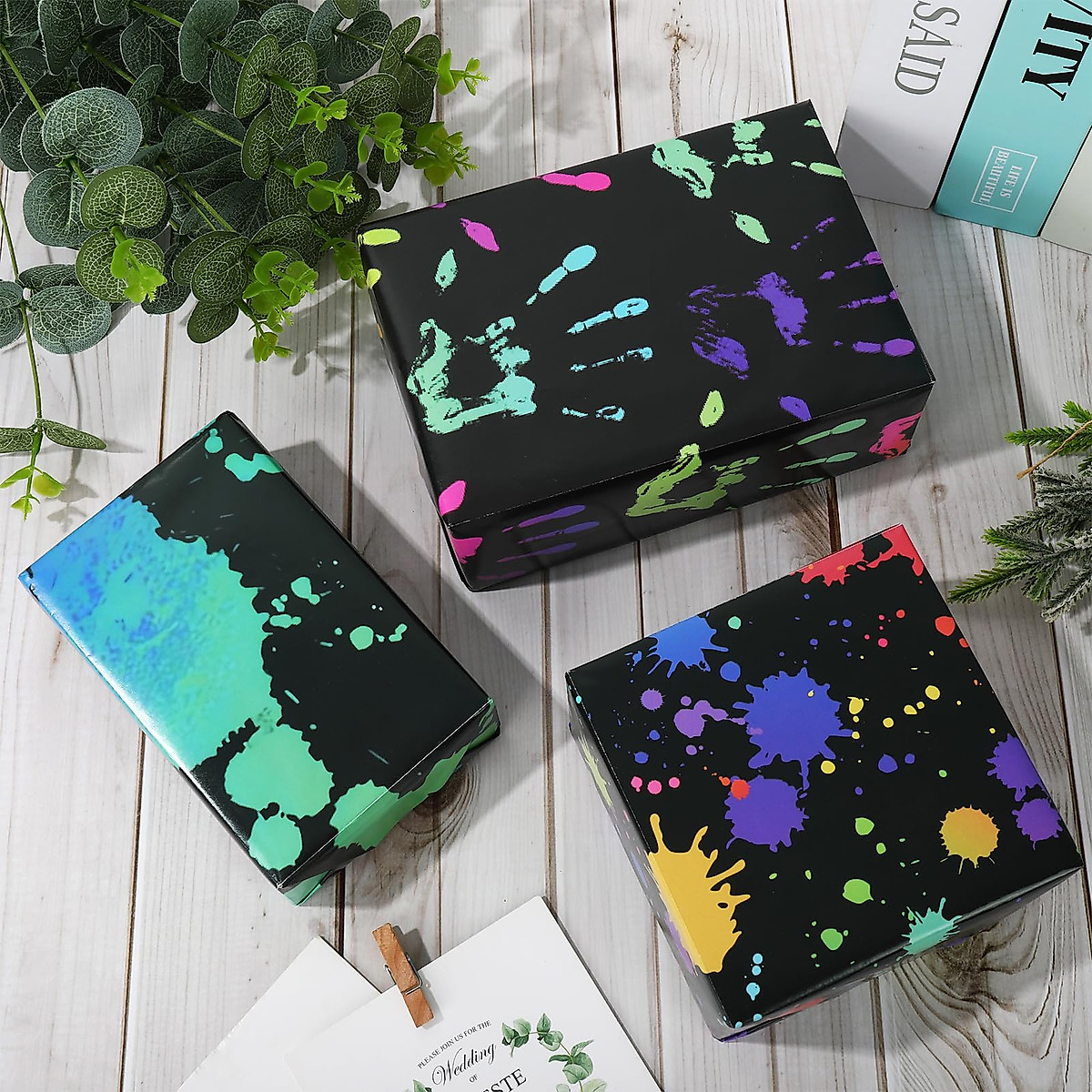 AnyDesign 12 Sheet Colorful Wrapping Paper 4 Design Black Neon Art Packaging Paper Folded Flat DIY Art Craft Paper for Glow Party Birthday Party Baby Shower DIY Gift Wrap, 19.7 x 27.6 Inch