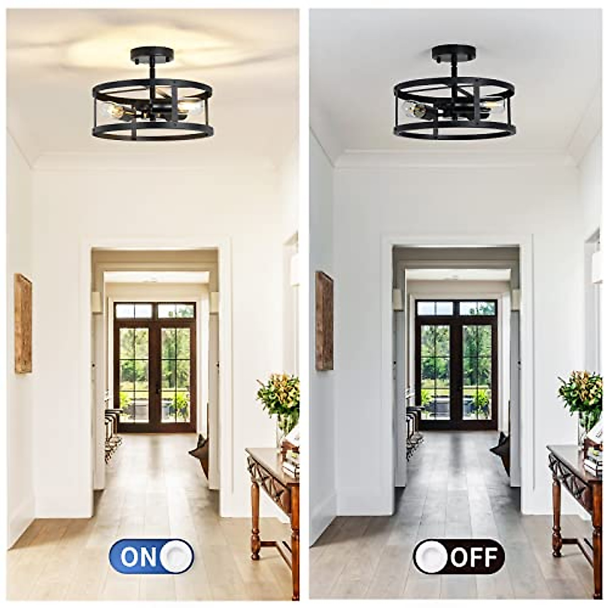 XPEHK 3-Light Semi Flush Mount Ceiling Light,Farmhouse Flush Mount Light Fixture,Industrial Ceiling Light Black Metal Cage Ceiling Lighting for Kitchen Foyer Hallway Entryway 2 Pack