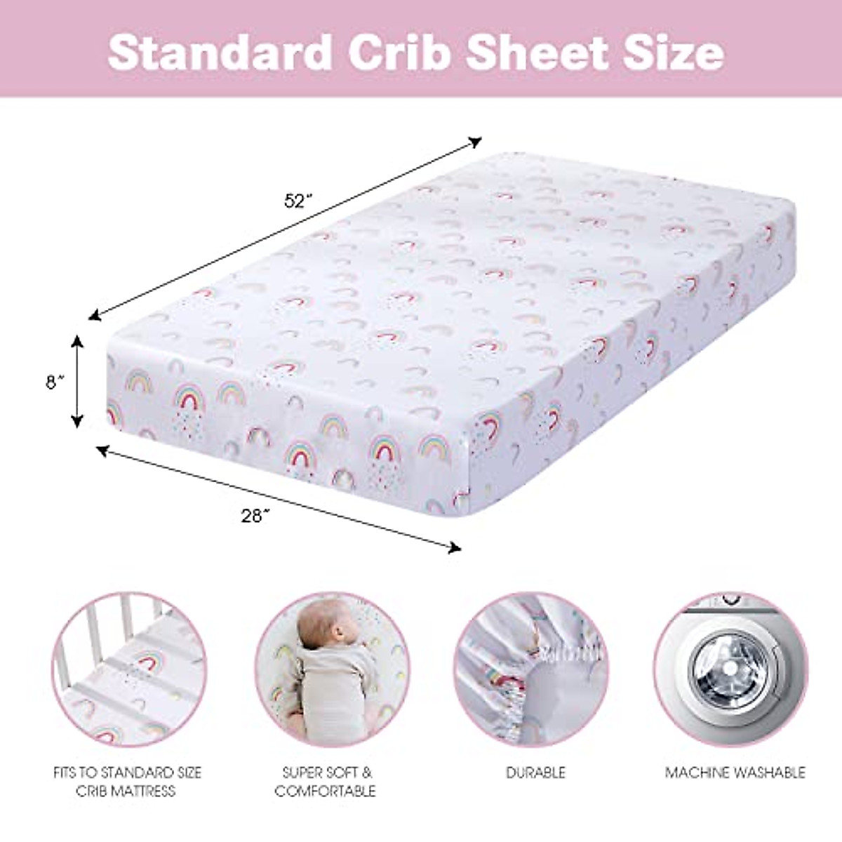 Plushii Crib Sheets for Baby Girls 3 Pack, 28"x 52" Extra Soft Microfiber Crib Sheet Set for Baby Crib Mattress Sheet & Toddler Mattress Pad, Rainbow & Elephant & Stars