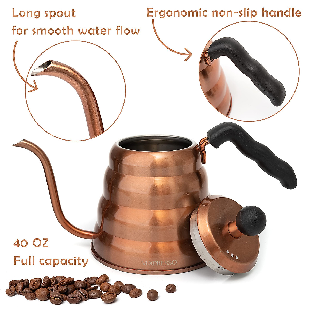 Mixpresso Gooseneck Pour Over Coffee Kettle, Barista Pour Control Design For Coffee & Tea High-Grade Stainless Steel 1.2 Liter (40 Oz) Drip Coffee Induction Cooker, Copper Stovetop Kettle