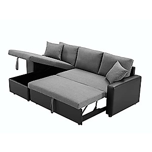 ARINAL 92.5" Linen Reversible Sleeper Sectional Sofa with Storage and 2 stools Steel Gray