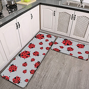 YouTary Cute Red Ladybug Cartoon Pattern Kitchen Rug Set 2 PCS Floor Mats Washable Non-Slip Soft Flannel Runner Rug Doormat Carpet for Floor Home Bathroom, 17" x 47"+17" x 24"-M