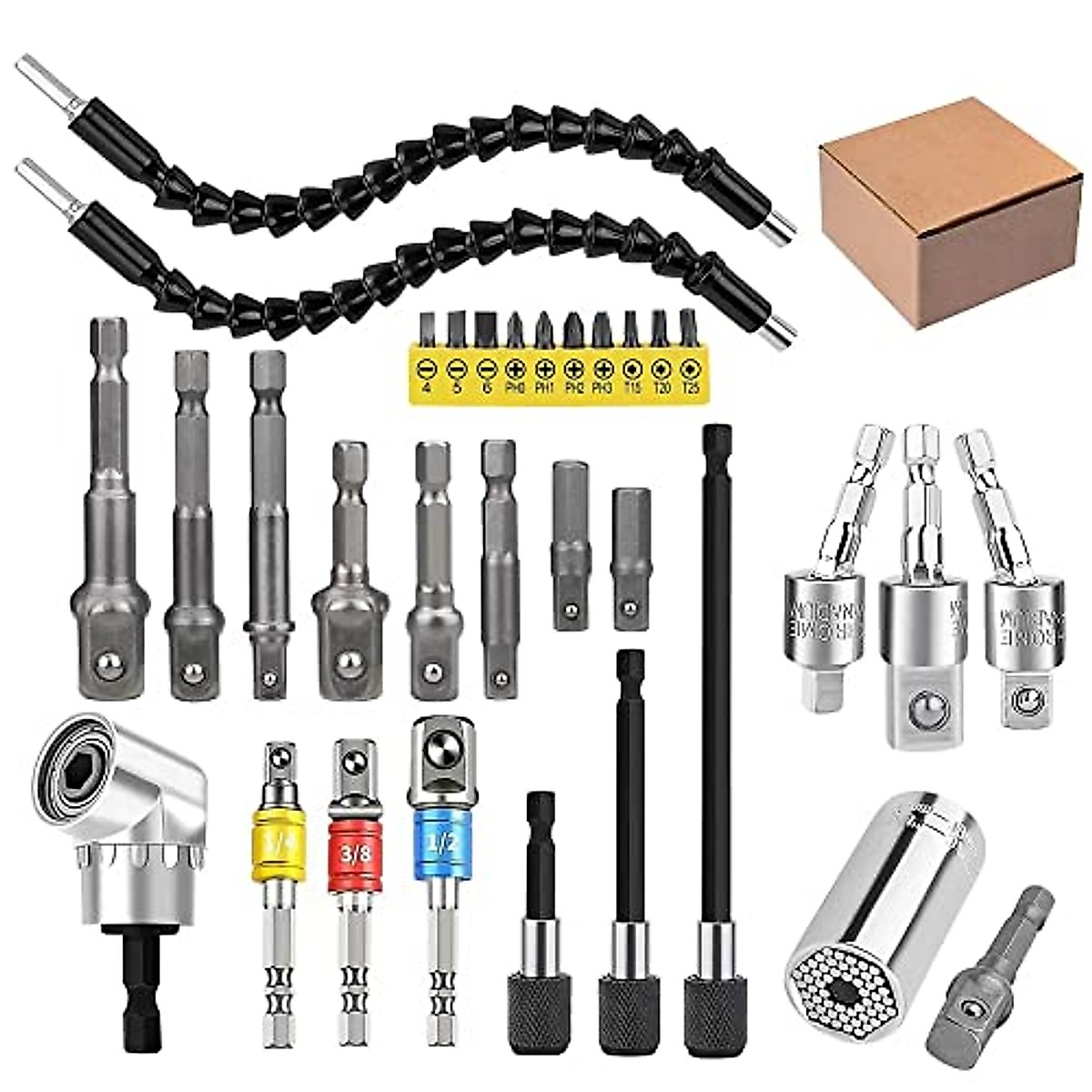32pcs Flexible Drill Bit Extension Set, Rotatable Joint Socket 1/4 3/8 1/2 Inch Hex Socket Adapter, 105°Right Angle Drill Attachmen, Bendable Drill Bit Extension Screwdriver Kit with a Box (Silvery)