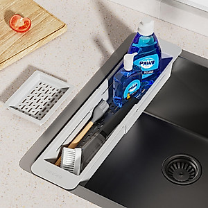 NiHome Extendable Over Sink Kitchen Organizer, Telescopic Sink Storage Rack for Sponge, Non-Slip Pads Expandable Sink Caddy, Adjustable Sponge/Brush Rack with Drainage Durable ABS Material (Grey)