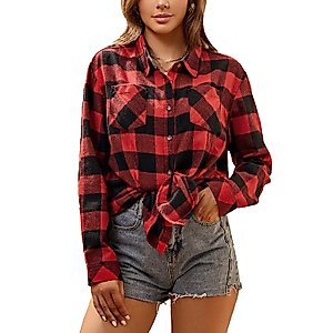 Damipow Flannel Shirt Women Long Sleeve Fall Blouse Ladies Casual Top Cute Clothes,Redt91,M