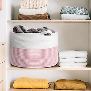 Comfymon Large Blanket Basket, 22" x 22" x 14" Woven Baby Laundry Blanket Basket Toy Basket with Handle, Kids Dog Toy Storage Baskets Organizer Bins, Blanket Storage for Living Room, Pink