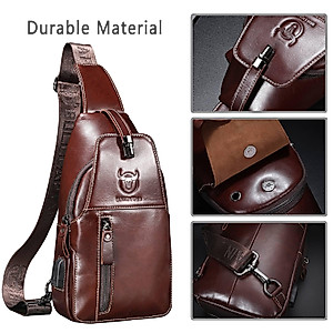 BULLCAPTAIN Genuine Leather Sling Bag Mens Crossbody Backpack for Hiking Casual Daypack Shoulder Chest Bag with USB Charging Port (Coffee)