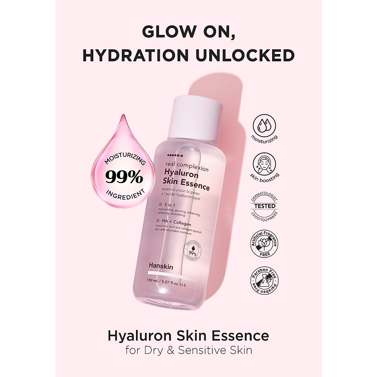 Hanskin Real Complexion Hyaluronic Skin Essence, Hydrating Toner for Dry, Dull, Sensitive Skin - Hyaluronic Acid Collagen Moisturizing Purifying Paraben-Free Korean Skincare for Face [5.07 fl. oz.]