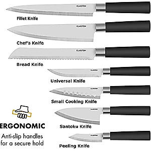 KLARSTEIN Kitano - 8 Piece Professional Chef Kitchen Knives Set with Block, Stainless Steel Blades, Anti-Slip Handles, Japanese Design, Touch of Far East - Piano Black