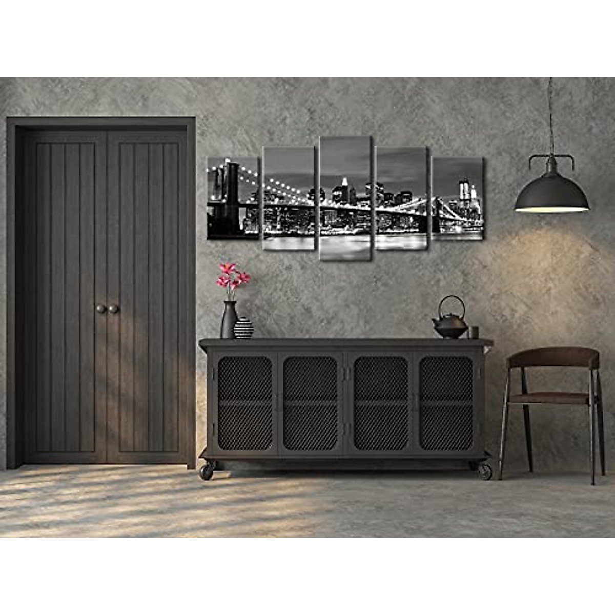 Wieco Art New York Brooklyn Bridge Canvas Wall Art Night View 5 Panels Modern Landscape Artwork Canvas Prints Abstract Pictures to Photo Canvas Wall Decor for Home & Office Decorations