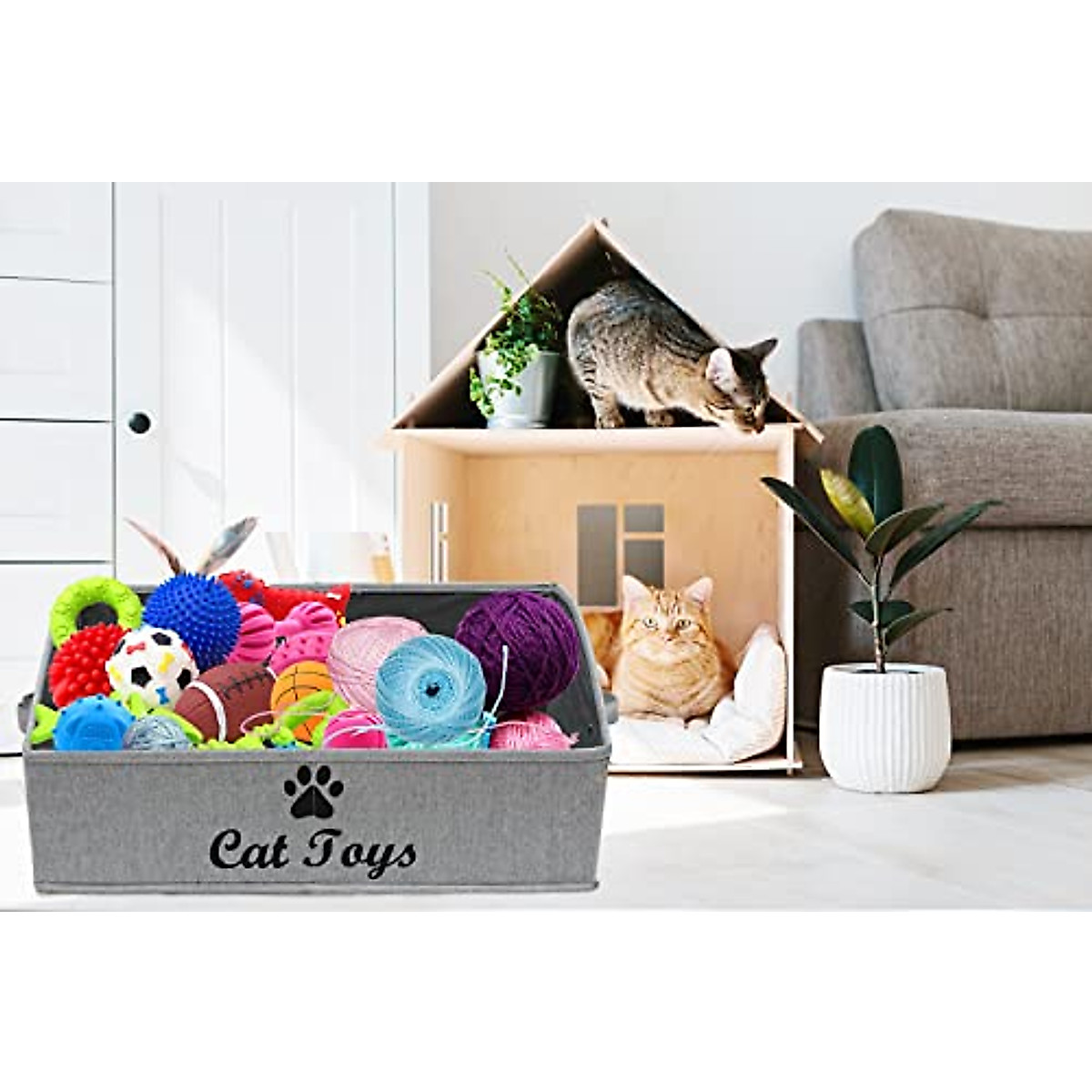 Geyecete Large cat Toy Box Storage Box - Foldable Cotton and Linen Trapezoid Organizer Boxes with Handle, Collapsible Basket for cat Toys-CAT-Striped Gray