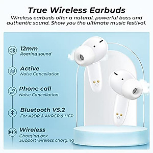 QEZEZA Wireless Earbuds, Active Noise Cancelling Earbuds Bluetooth Earbuds 5.2 with 4-Mics, Stereo in-Ear Headphones with Wireless Charging Case for iPhone, Android