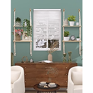 Sonefreiy Macrame Hanging Shelves 2 Tier, Natural Wood Farmhouse Window Plant Shelves Boho Wall Shelf with Hooks & Hardwares,for Bedroom Bathroom Kitchen Living Room