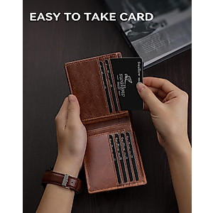 Swallowmall Mens Wallet RFID Genuine Leather Bifold Wallets For Men, ID Window 16 Card Holders Gift Box (Brown (No Zipper))