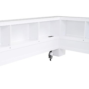 DEYOBED Twin Size Floor Daybed with Storage Cabinet and USB Ports, Solid Wood Bed Frame with L-Shaped Bookcase Shelves for Bedroom Living Room Guestroom, No Box Spring Needed, White