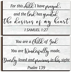 2 Pcs Wood Nursery Wall Decor for Girls Boys Baby Girl Room Decor for Nursery Christian Nursery Wall Art This Child I Have Prayed Bible Quote Wall Hanging Sign for Kids Home 12 x 6 Inch (Retro)