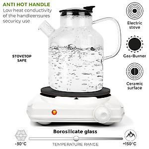 Tealyra - Large Glass Stove-top Kettle 74-ounce - Teapot - Heat Resistant Borosilicate - Pitcher - Carafe - For Tea Juice Water - Hot or Iced - 2200ml