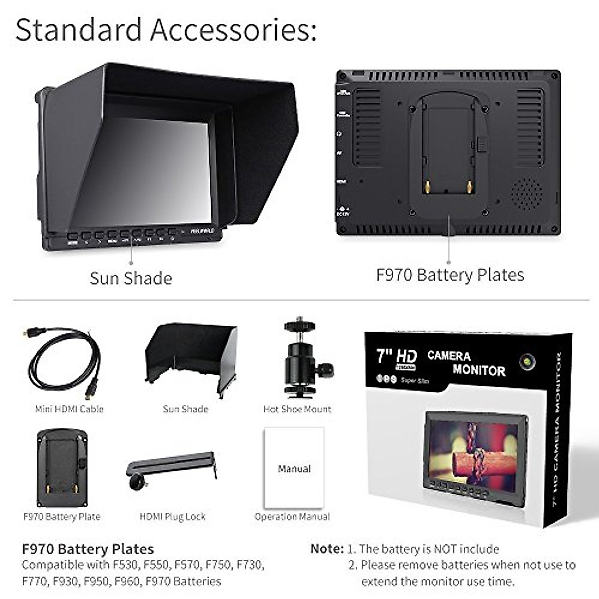 FEELWORLD FW759 Camera Monitor 7” HD 1280x800 Field Video LCD IPS Screen 1200:1 High Contrast Ratio for Steady Cam, DSLR Rig, Camcorder Kit, Handheld Stabilizer
