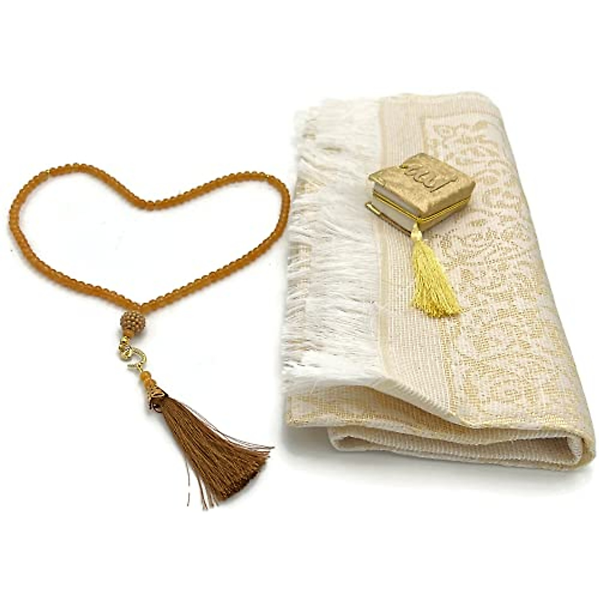 Muslim Gifts Hajj Hac Haji Gift Set Prayer Rug Janamaz Seccade Pearl Tasbeeh Prayer Beads and Pocket or Car Decor Mini Quran 3pcs/Set (Gold)