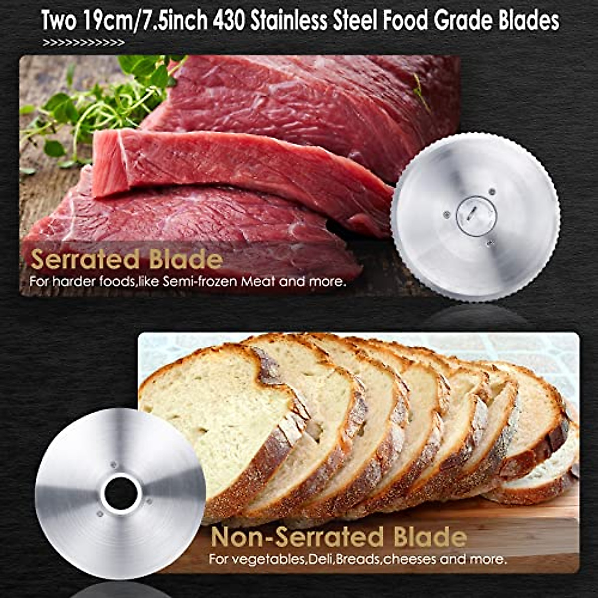 Davivy meat slicer,electric deli food slicer with two removable 7.5" stainless steel blades for cheese bread ham bacon home use with 0-15mm adjustable thickness,150W